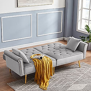 Kakotito Tufted Velvet Sofa Bed Sleeper with 2 Pillows, Luxury Loveseat Couch, Splitback Futon for Living Room & Office, Convertible Futon with Vintage Nailhead Trim and Metal Legs (Gray)