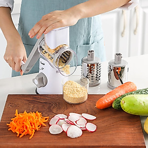 Geedel Rotary Cheese Grater, Kitchen Mandoline Vegetable Slicer with 3 Interchangeable Blades, Easy to Clean Rotary Grater Slicer for Fruit, Vegetables, Nuts