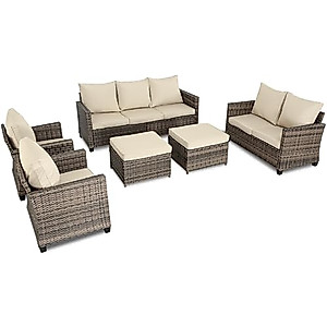 Furnimy Patio Furniture Set Rattan Outdoor Sectional Conversation Sets 3-Seat Outdoor Couch,2 Single Chair 1 Loveseat and 2 Ottoman for Lawn Balcony Garden Backyard (Gray-Tan, Set of 6)