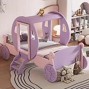 SOFTSEA Princess Twin Bed Frame, Wood Carriage Bed with Stairs, Purple+Pink, 88x55.9x59.1in, 112LBS, 300LBS Capacity, Includes Tools, for Girls