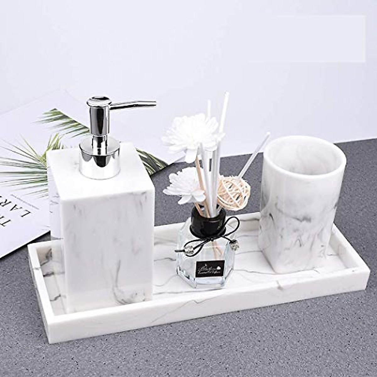 Bathroom Accessories Set, Faux Marble 4Piece Complete Resin Bath Accessories Set with Soap Dispenser, Toothbrush Cup, Tray Gift Set Luxury Bath Accessory