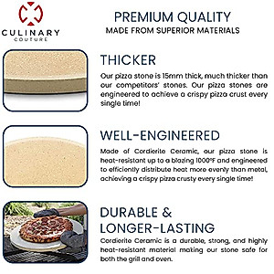Culinary Couture 15" Round Pizza Stone for Oven and Grill - Cordierite Pizza Stone for Bread, Calzone, Cookies - Oven and Grill Pizza Stone for Outdoor Grill, Stone Pizza Pan for Oven