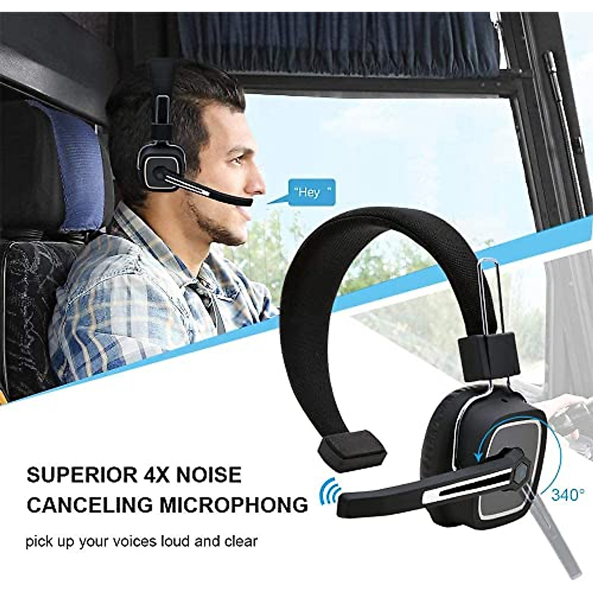 Electronic Home Truck Driver Bluetooth Headset/Office Headset with Microphone, BT 5.0 Wireless Over The Head Headset with Extra Boom Mic for Trucker,Truck Driver, Phones,Call Center, Skype, VoIP