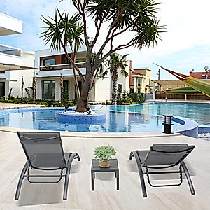 VARVIND Patio Chaise Lounge Chair Set of 3,Aluminum Outdoor Lounge Chair with Headrest,Sunbathing Lounger,Pool Tanning Chairs,Armrest Recliner Chiar with Side Table for Beach,Garden，Lawn(Grey)