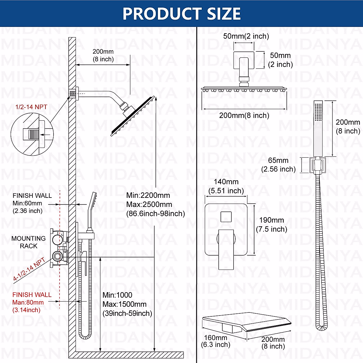 Midanya Rain Shower System Tub Shower Faucet Set Square Rainfall Shower Head with Handheld Sprayer and Waterfall Tub Spout Rough-in Valve Shower Mixer Combo,8 Inch Matte Black