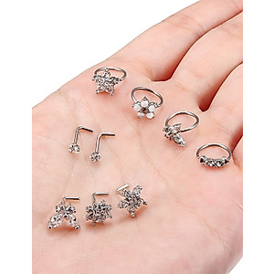Pnsgisr Nose Rings Studs Hoops Piercings Jewelry for Women Men 20g 20 Gauge Silver Surgical Stainless Steel l Shaped Shape Stuf Bar Big Hypoallergenic Butterfly Nostril Aretes Para La Nariz