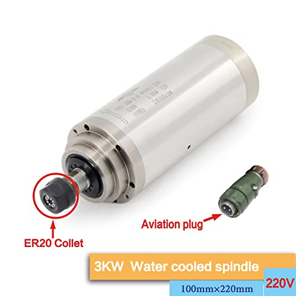 RATTMMOTOR CNC Spindle Motor, 3KW Water Cooled Spindle Motor 220V 12A ER20 Spindle 4-Bearings 100mm Spindle Motor 400HZ 3-Phase for CNC Router Engraving Milling Machine