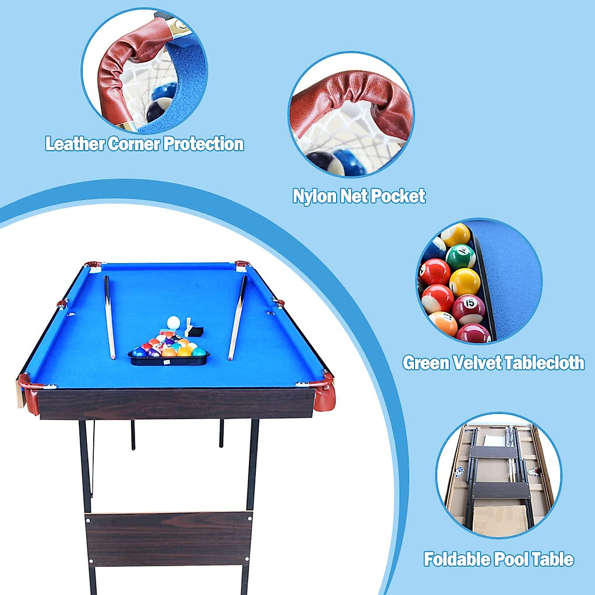 55" Folding Pool Table Set Mini Billiard Pool Table Portable Table Top Snooker Game with Accessory, Simple Assembly, Blue