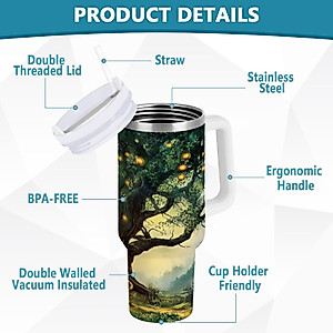 Jihqo Fairy Tales Glowing Tree 40 oz Stainless Steel Vacuum Insulated Tumbler with Handle and Straw Lid, Leakproof Water Bottle Double Wall Travel Mug Coffee Cup, Cupholder Friendly