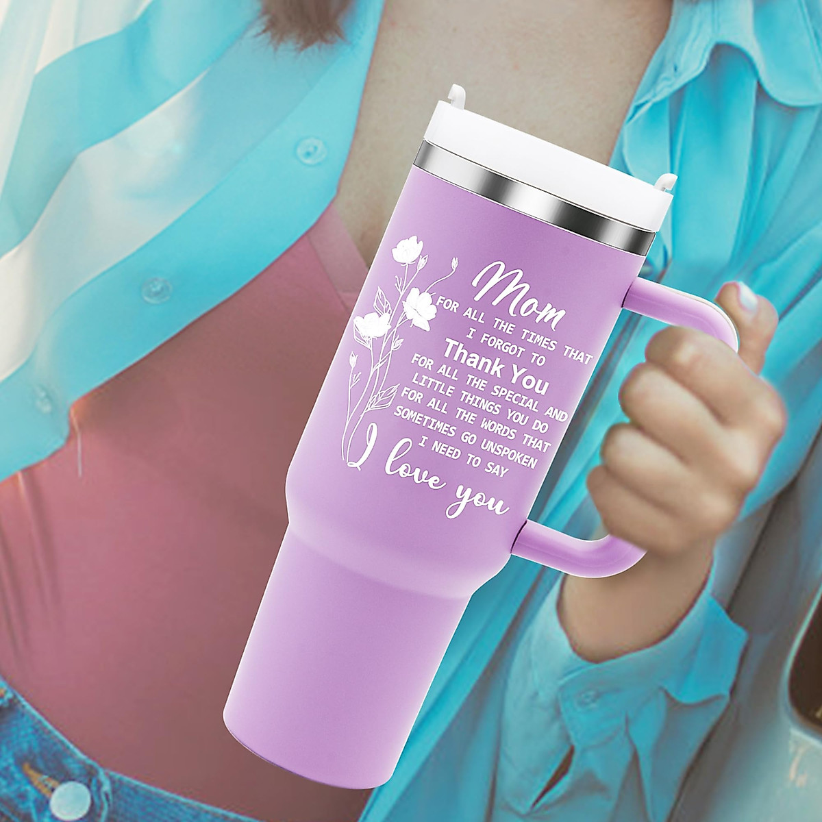 Vprontse Mom Tumbler with Handle - 40oz Stainless Steel Travel Mug Insulated Coffee Cup, Mom Birthday Gifts from Daughter, Gift for Moms Birthday Mother Day