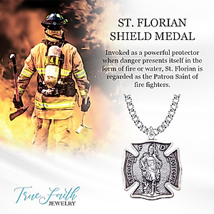 TrueFaithJewelry 1-1/8 Inch Sterling Silver St. Florian Shield Medal Pendant Necklace, Patron Saint of Firefighters, Religious Catholic Jewelry for Men