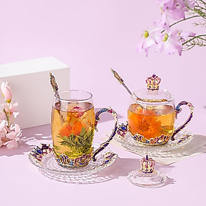 LANTREE Glass Tea Cup with Lid Crown Coffee Mug with Spoon Fancy Tea Cup Antique Gifts for Women Mother's Day Birthday Valentines Day Gift(11oz Crown)