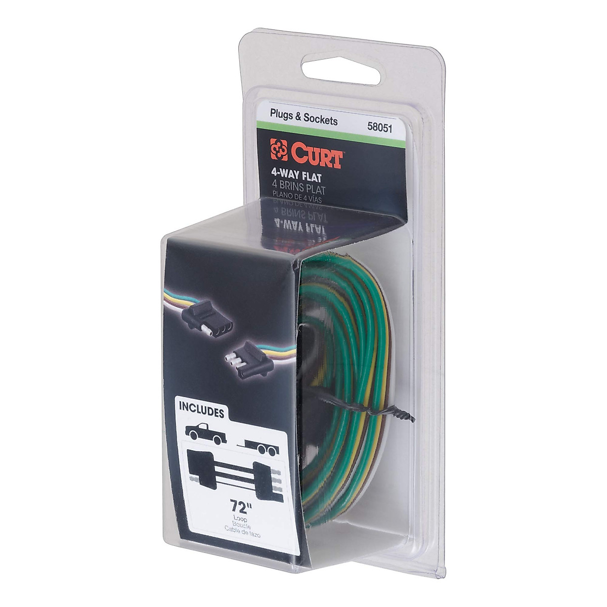 CURT 58051 Vehicle-Side and Trailer-Side 4-Pin Flat Wiring Harness with 72-Inch Wires