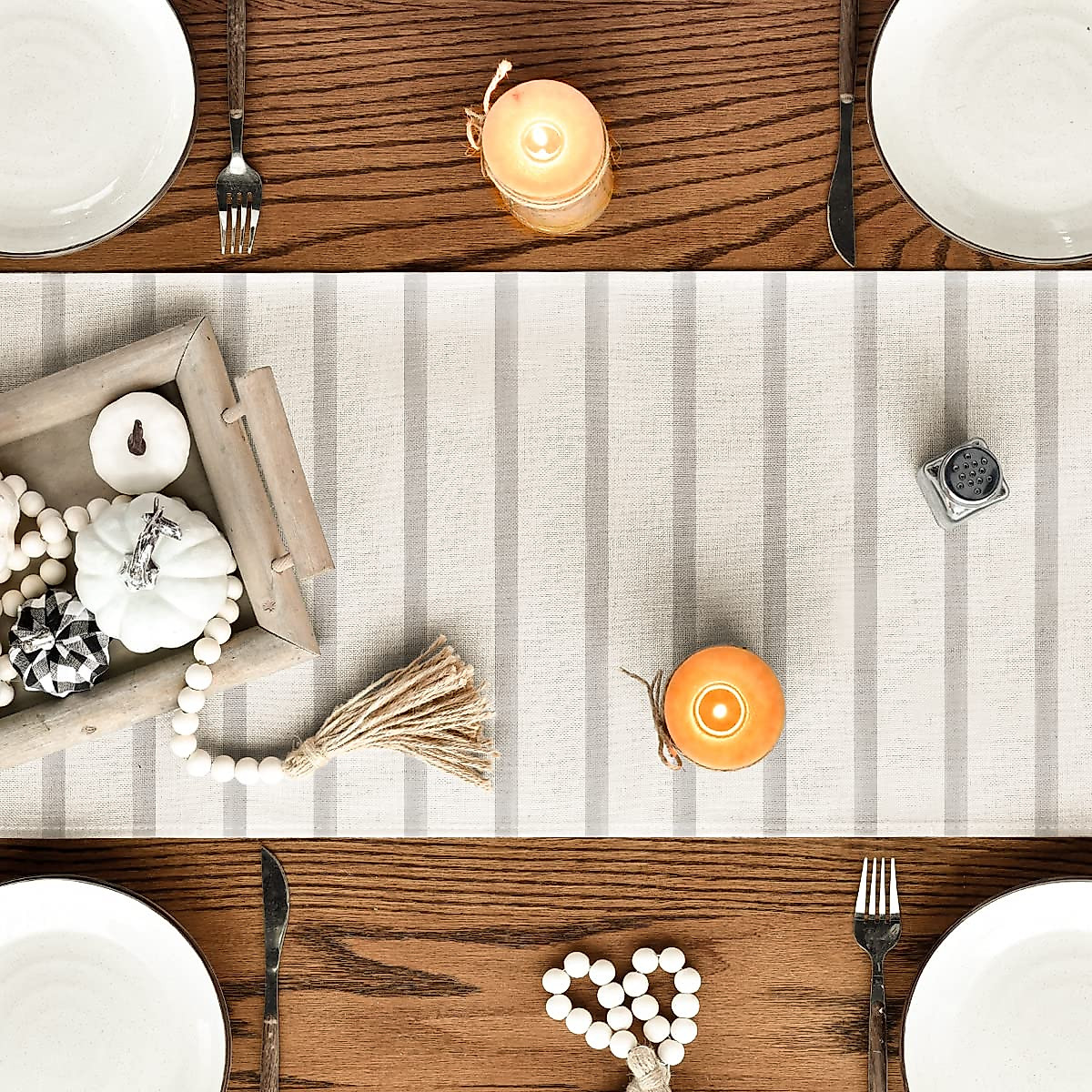 Artoid Mode Stripes Pumpkin Sunflower Leaves Fall Table Runner, Seasonal Autumn Kitchen Dining Table Decoration for Outdoor Home Party 13x72 Inch