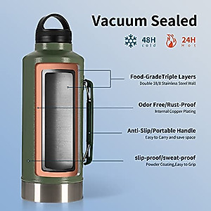 WAPEST Water Bottle 64 oz - Vacuum Insulated Wide Mouth Stainless Steel Thermos with Spout Lid and Flex Cap - Keeps Liquid Cold for 48 Hrs or Hot for 24 Hrs - collapsible handle, Green, 2.2qt