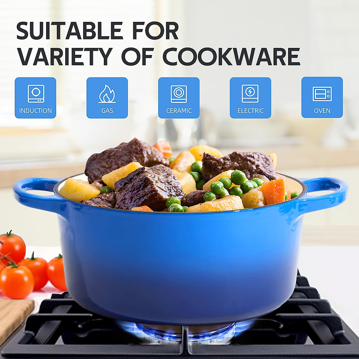 6 Quart Enameled Cast Iron Dutch Oven with Lid - Big Dual Handles - Oven Safe up to 500°F - Classic Round Pot for Versatile Cooking Blue