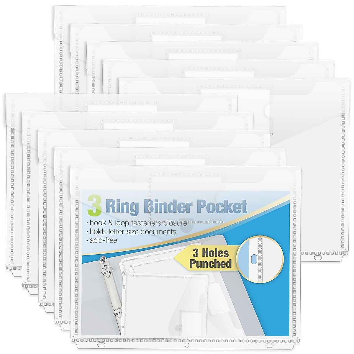 Forvencer Binder Pocket, 10 Pack Super Heavyweight Poly Binder Pocket with Hook and Loop Closure, Binder Folders Side Loading, 3 Ring Binder Pocket, Letter Size, Clear