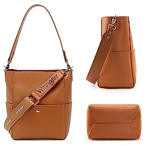 Wrangler Bucket Handbags for Women Crossbody Shoulder Purse with Guitar Strap and Hobo Bag Organizer Insert Tote Oversized Brown WG67-918BR