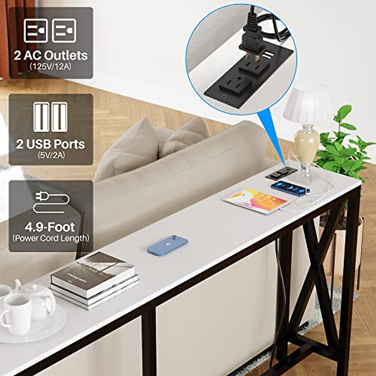 Aquzee Console Table with 2 Power Outlet and 2 USB Ports, 70.9" x 11.8" x 31.5" Steel Frame Narrow Behind Couch Sofa Table, Extra Long White Entryway Table