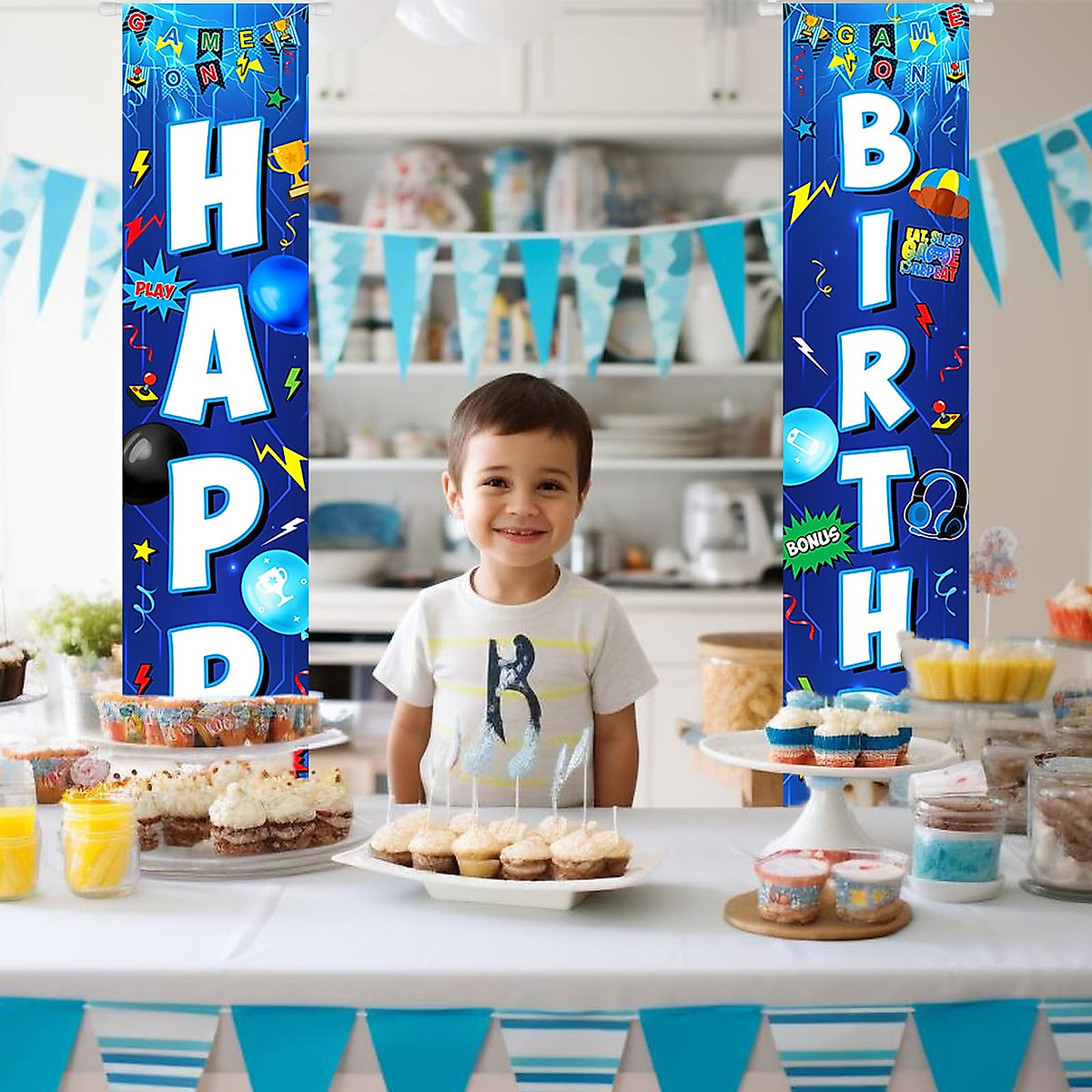 Avezano Video Game Happy Birthday Banner Gaming birthday Porch Signs Blue Game on Hanging Door Banner for Boys Game Birthday Party Decoration Supplies