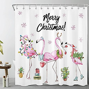 WEENEO Merry Christmas Shower Curtain Funny Pink Flamingo and Cactus Plant with Xmas Decorations on White Shower Curtain for Bathroom Winter Holiday Fabric Bath Curtain with 12pcs Hooks,78x72 Inch