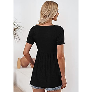 KALEEJOY Women's Casual V-neck Slim Tunics Shirts Short Sleeve Waisted Babydoll Blouse Tops for Leggings Summer Female T Shirts, Black, M