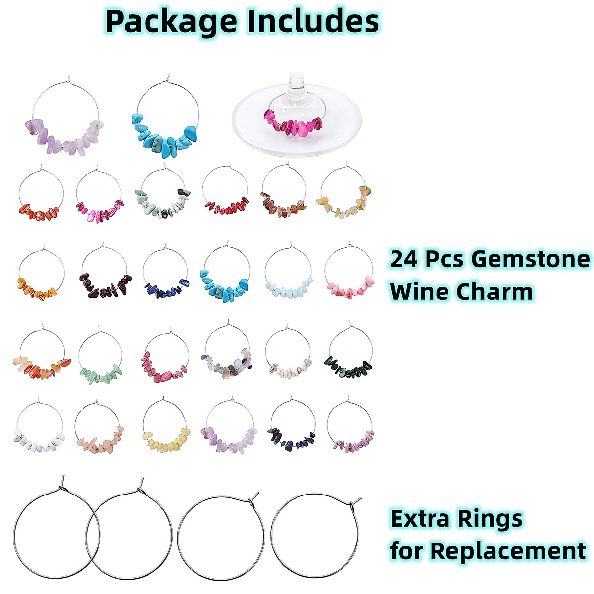 Pride & par 24 Pcs Nature Gemstone Beads Wine Charms for Glasses,Wine Glass Markers,Drink Markers for Stem Glasses,Wine Glass Decoration for Weddings,Parties