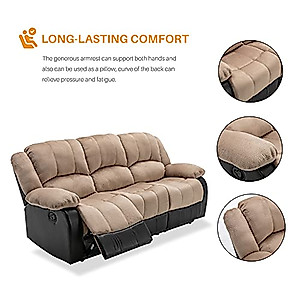 Nathaniel Home Manual Double Reclining Sofa PU Leather Upholstered 3-Seat Couch for Living Room Home Theater, Beige