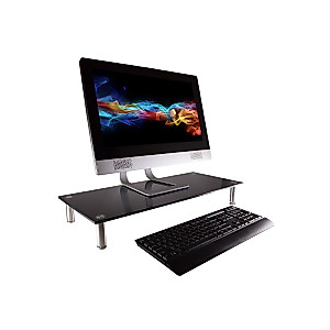 Monoprice Medium Multimedia Desktop Stand, Black Glass (27.6" x 12.2" x 3") - Stand & Riser, Laptop Stand, Desktop TV Stand, Dual Monitors w/ Height Adjustable Legs - Workstream Collection (116360), 25.6" x 11.0"