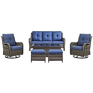 Rilyson Wicker Patio Furniture Set - 6 Piece Rattan Outdoor Sectional Conversation Sets with 2 Swivel Rocking Chairs,2 Ottomans,1 Sofa and 1 Coffee Table for Porch Deck Garden(Mixed Grey/Blue)