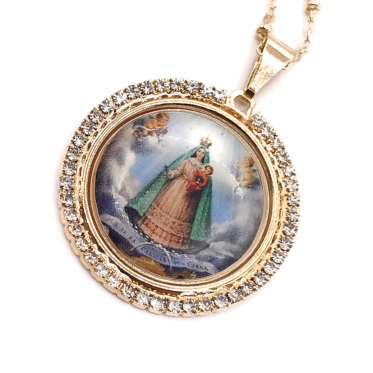 LESLIE BOULES Virgin Caridad del Cobre Pendant Necklace 18K Gold Plated Chain Religious Jewelry