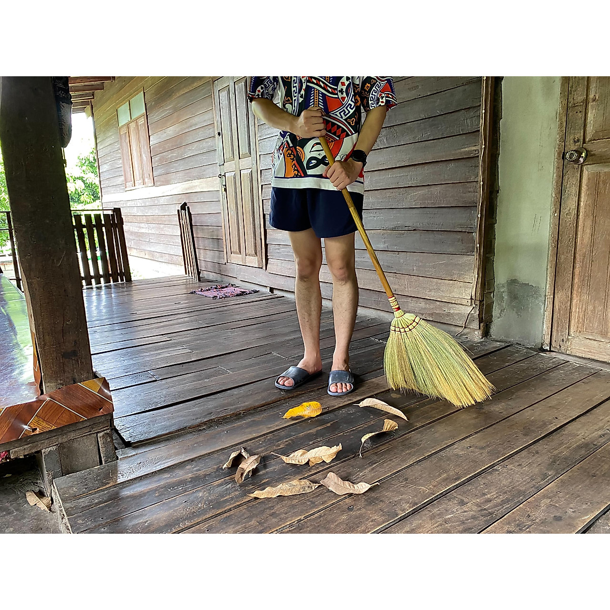 Asian Broom 46 inch - Straw Soft Broom - Long Handle Broomstick for Cleaning, Decoration, Wedding-Natural Whisk Broom for House, Garage, Office,Kitchen - Indoor Grass Broom