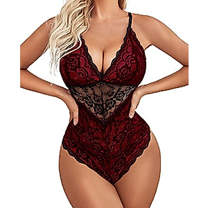 Avidlove Lingerie Bodysuit for Women Floral Lace Teddy One Piece Babydoll Mini Babydoll (Red,L)