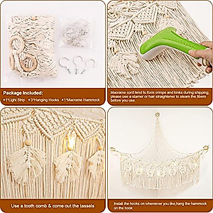 Macrame Stuffed Animal Toy Net Hammock with Star Light, Small Plushies Boho Storage for Nursery Room, Large Corner Wall Hanging Organizer for Kids, Bohemian Woven Decor Display Holder for Girls Boy