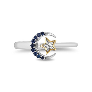 Jewelili Hallmark Fine Jewelry Sterling Silver and 14K Yellow Gold 1.3 MM Created Blue Sapphire and Natural White Round Diamond Accent Crescent Moon and Star Ring, Size 6