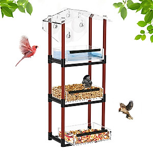 Window Bird Feeder with Strong Suction Cups, Large Weatherproof Birdfeeder with 3 Tiers Seed Tray and Drinking Sink, Outdoor Hanging Birdhouse for Wild Birds, Finch, Cardinal, and Bluebird