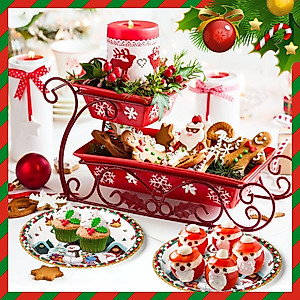 AFZMON 50 Pack Christmas Party Plates Dessert Paper Dinnerware Plates, 7 Inch Snowman Santa Gift Box Wooden Cottages Theme Disposable Round Plate for Xmas Holiday Party Supplies