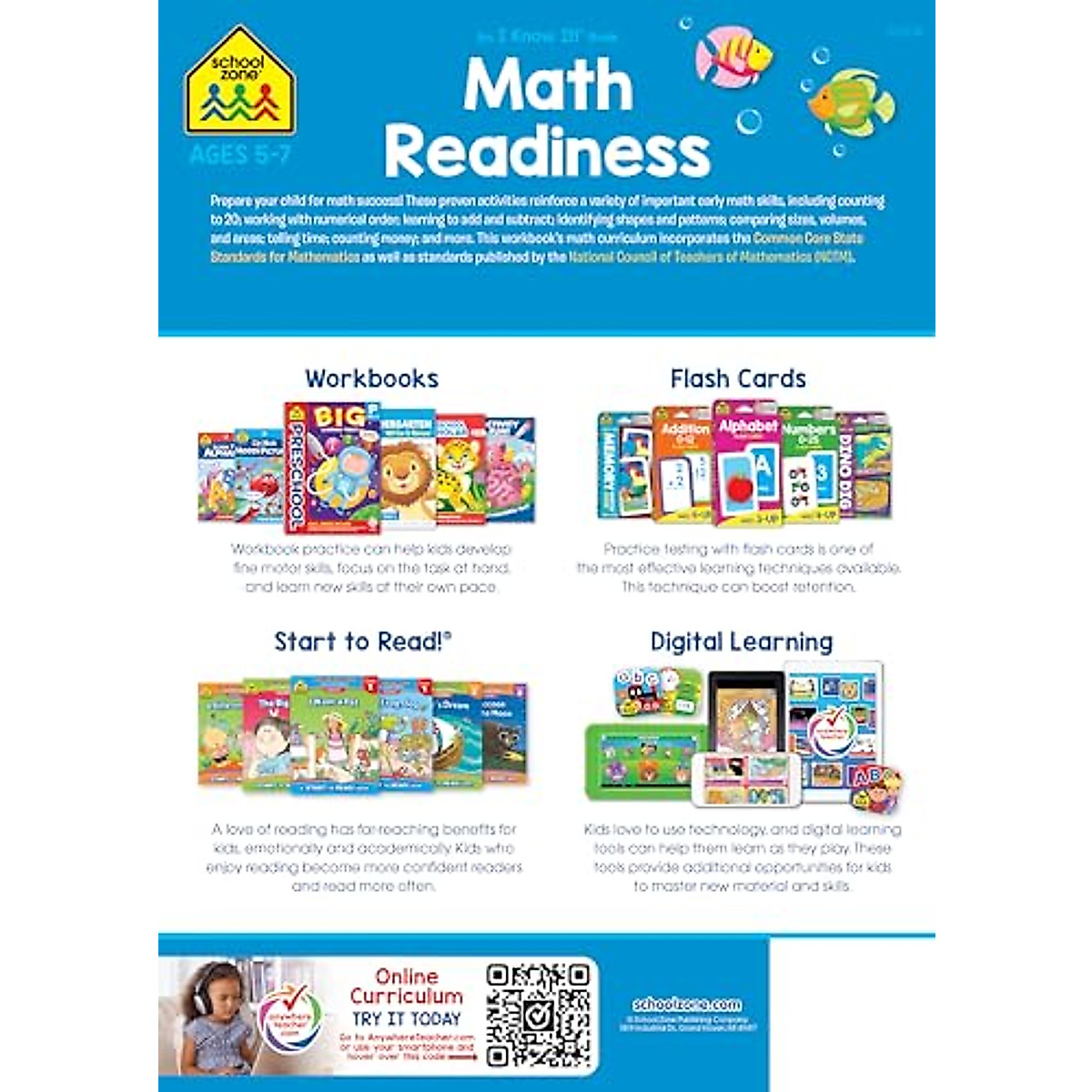 School Zone - Math Readiness Workbook - 64 Pages, Ages 5 to 7, Kindergarten to 1st Grade, Telling Time, Counting Money, Addition, Subtraction, and More (School Zone I Know It!® Workbook Series)