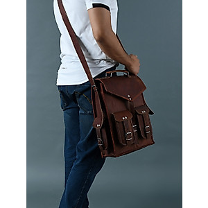 MaheTri 16" Leather Backpack Vintage Style Laptop Messenger Bag Rucksack Sling for Men Women, Convertible backpack