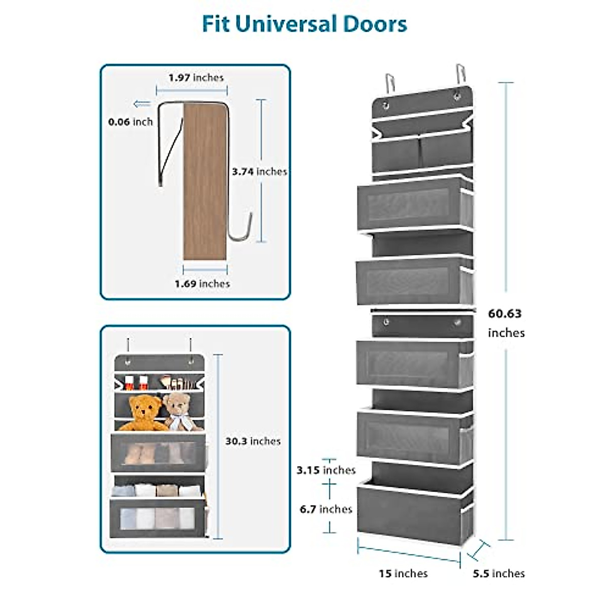 PARAKE 6-Shelf Over The Door Organizer, Flexible 1 Split into 2 Hanging Storage Door Organizer, Over The Door Storage with 5 Large Pockets, for Closet Pantry Bathroom Nursery Bedroom (Grey)