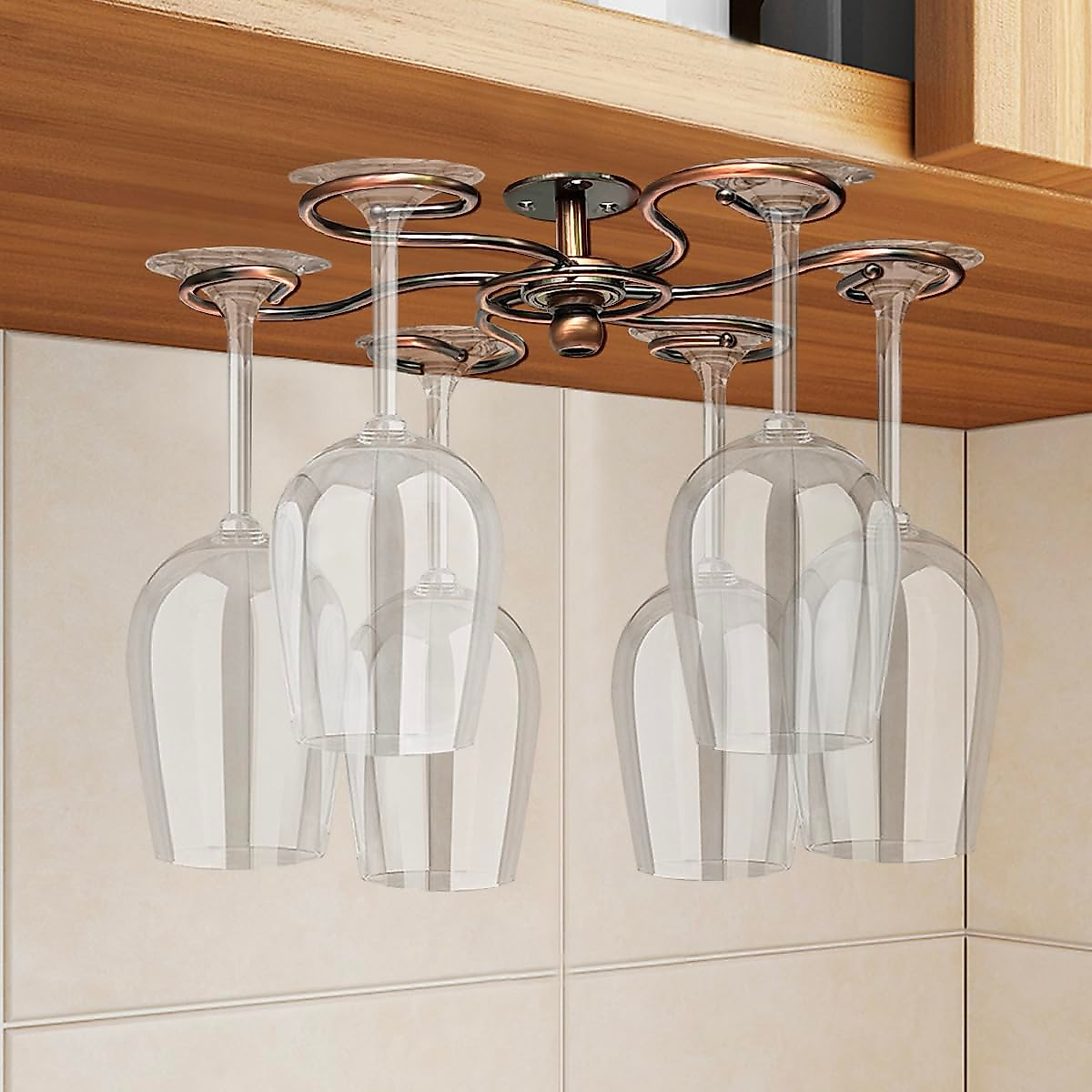 GeLive Rotary Wine Glass Rack Under Cabinet Stemware Holder, Under Shelf Glass Hanger Drying Rack Organizer With 6 Hooks for Home and Bar Storage (Bronze)