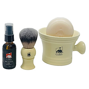 G.B.S Shaving Set for Gentlemen, Premium Men's Grooming, Men Wet Shaving Set, Ceramic Ivory Shaving Soap Bowl with Shaving Brush, Stand and Natural Soap