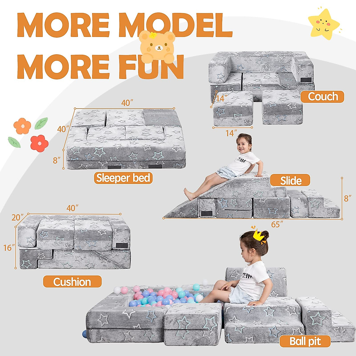 LOAOL Kids Couch Toddler Couch, Glow in The Dark Kids Play Couch, Foam Climbing Playset Imaginative Furniture for Creative Children, Convertible Glow Kids Sofa Colorful Stars for Playroom Bedroom