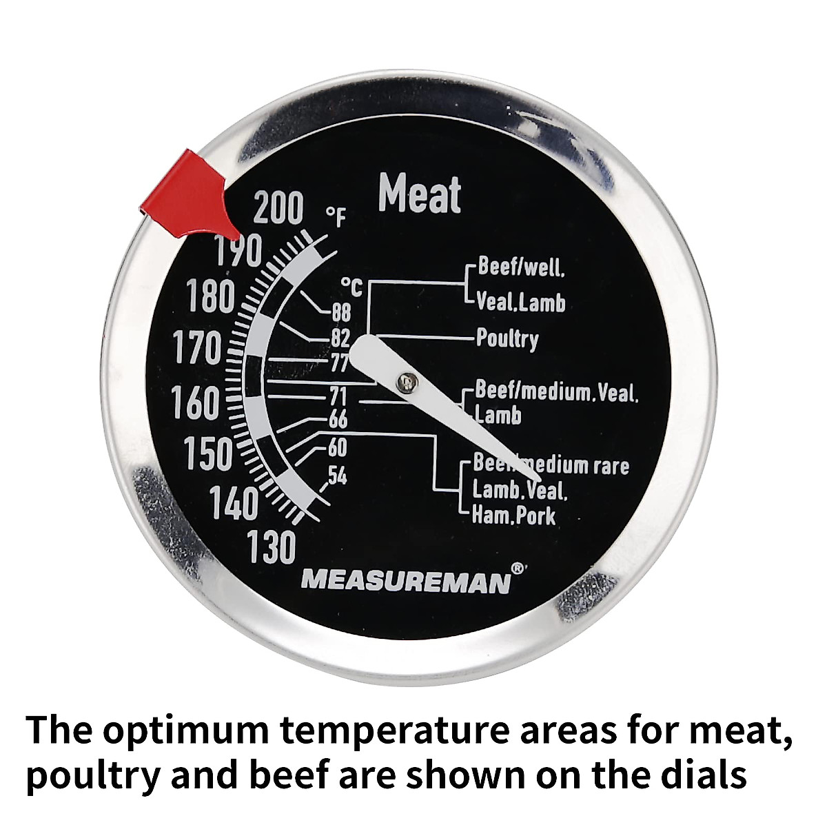 MEASUREMAN Meat Thermometer 2.5 Inch Dial with Red Indicator Clasp 304 Stainless Steel 130-220F/C Poultry Probe Oven BBQ Cooking Thermometers