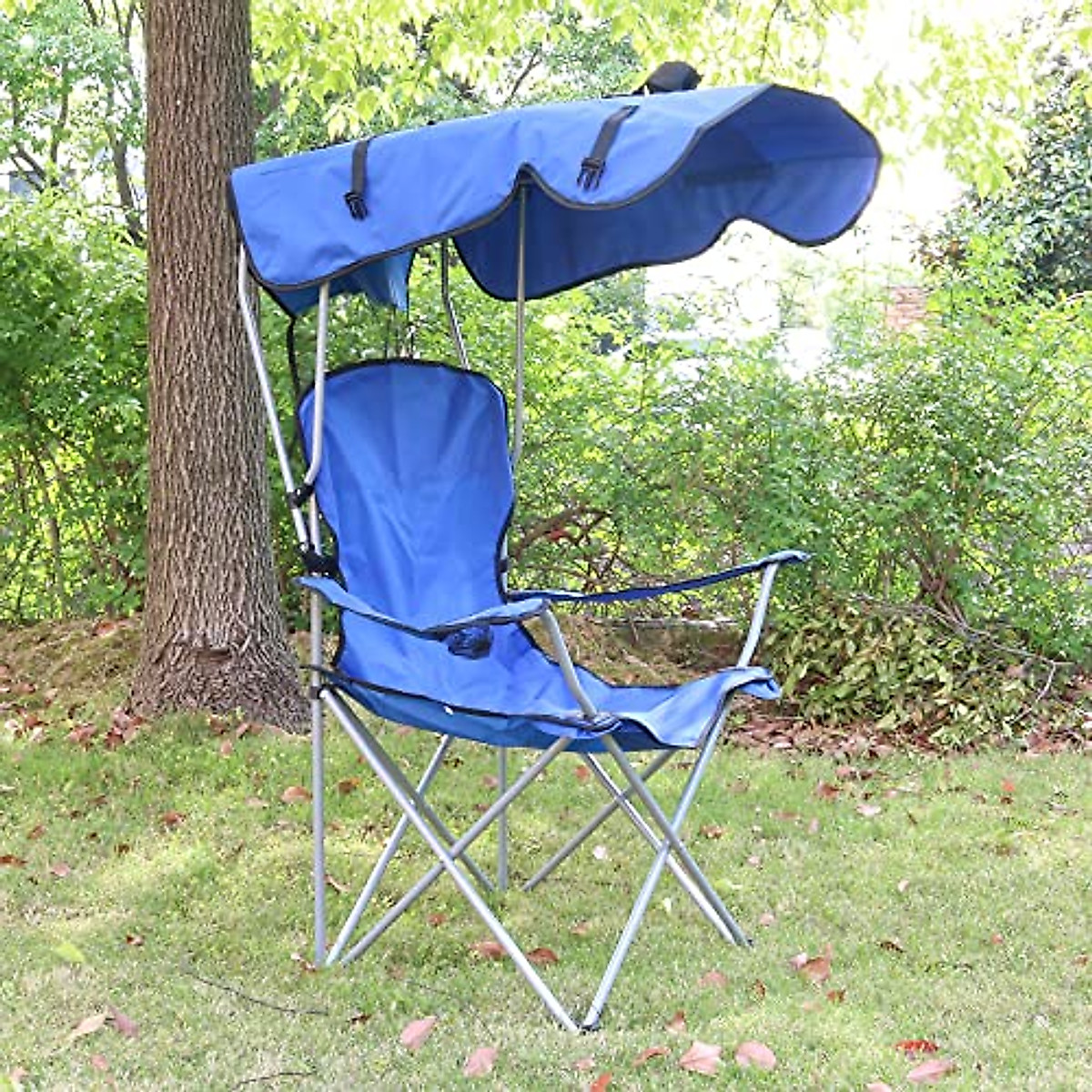 PLKO Camping Chairs with Canopy, Portable Quad Lawn Chair for Adults, Folding Recliner Chair with Cup Holder Outdoor Events and Shade,Support 350 LBS,Light Blue