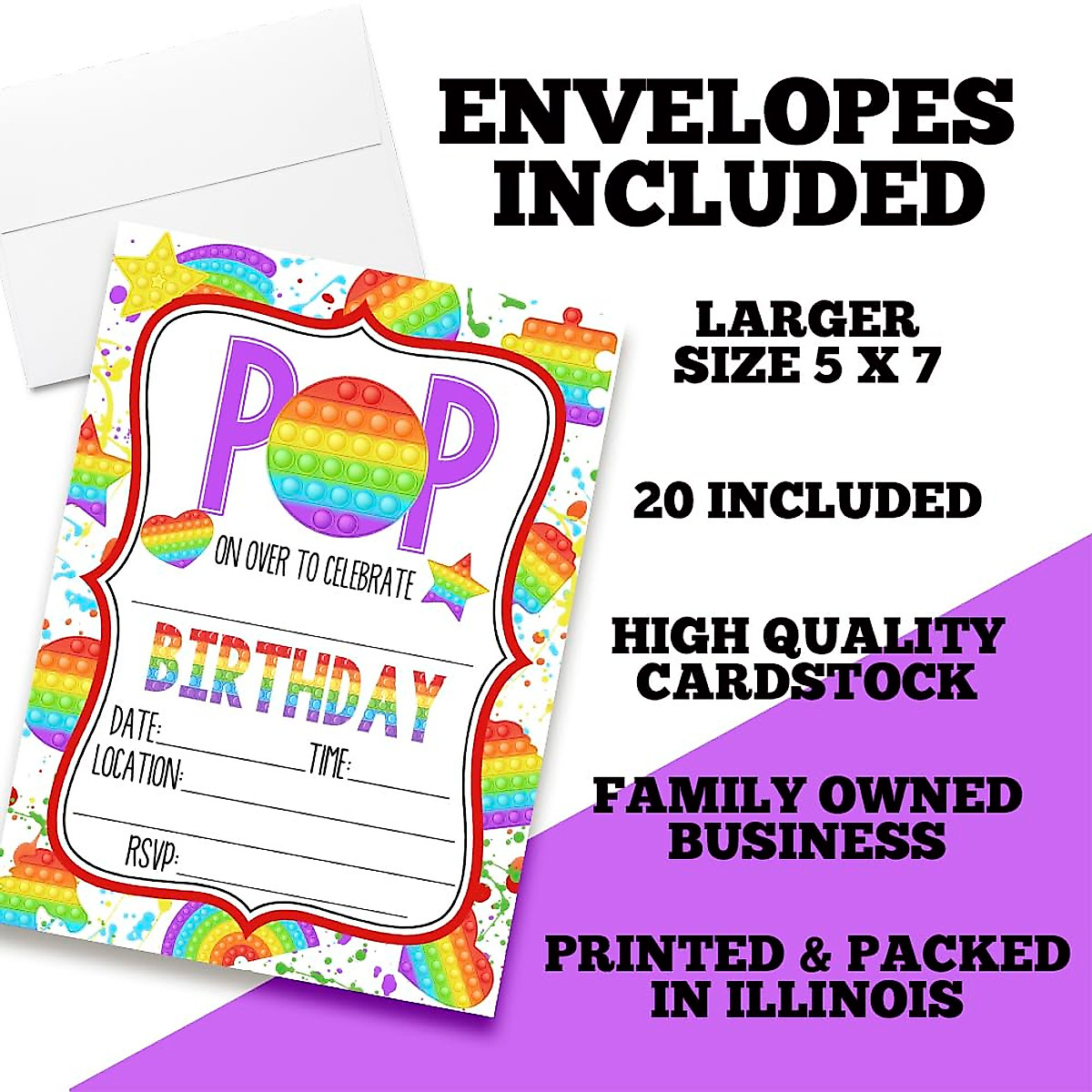 Pop On Over Popper Toy Fidget Themed Birthday Party Invitations for Kids, 20 5x7 Fill In Cards with Twenty White Envelopes by AmandaCreation