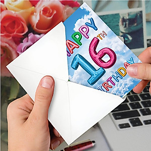 NobleWorks - 16th Happy Birthday Notecard with Envelope - Fun Bday Card for Birthdays, Milestone Celebration for 16 Year Old - Inflated Messages 16 (Not Actual Balloons, 3D or Raised) C9392MBG