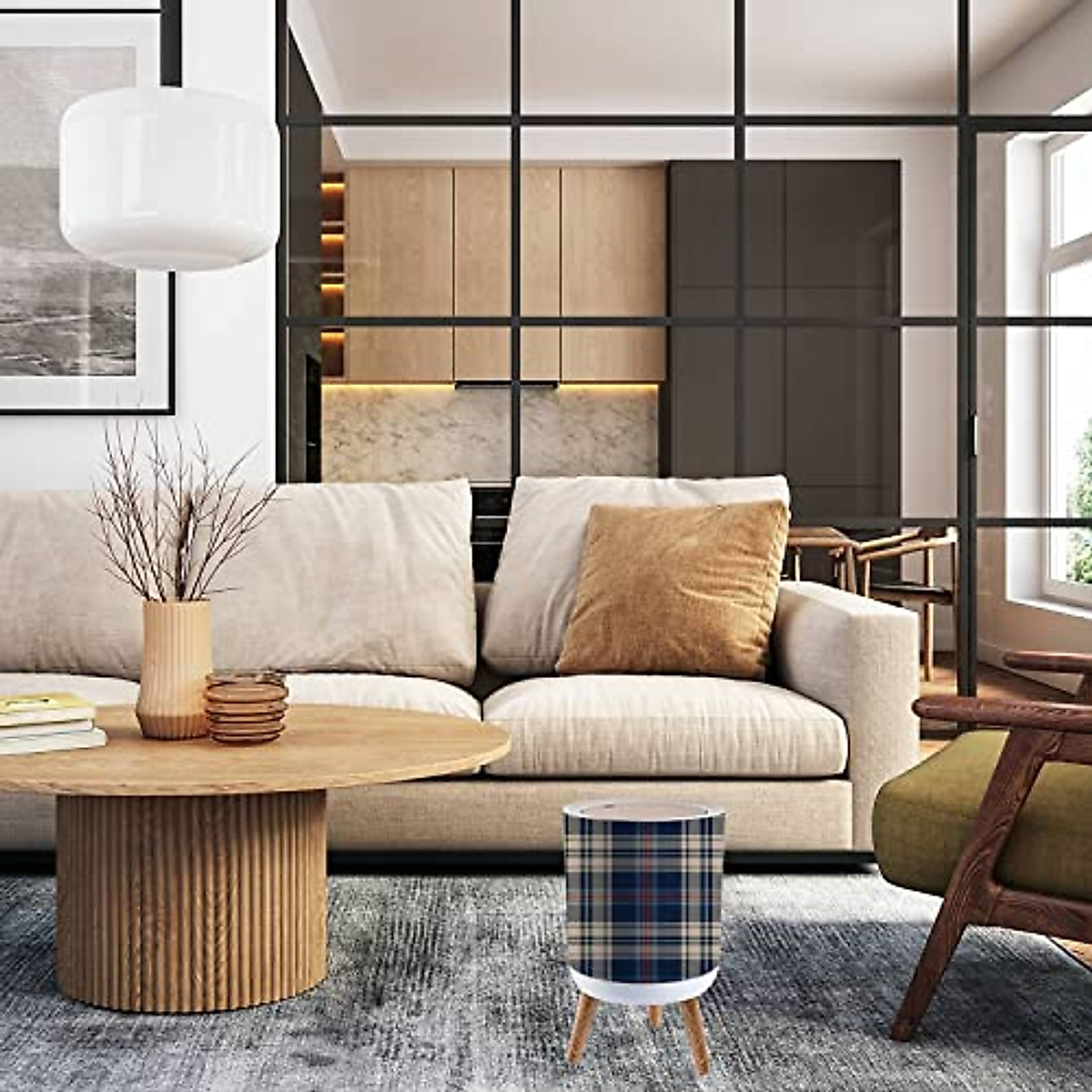 Trash Can with Lid Tartan Plaid Menswear in Navy Blue red Beige Striped Seamless Dark Wood Small Garbage Bin Waste Bin for Kitchen Bathroom Bedroom Press Cover Wastebasket 7L/1.8 Gallon