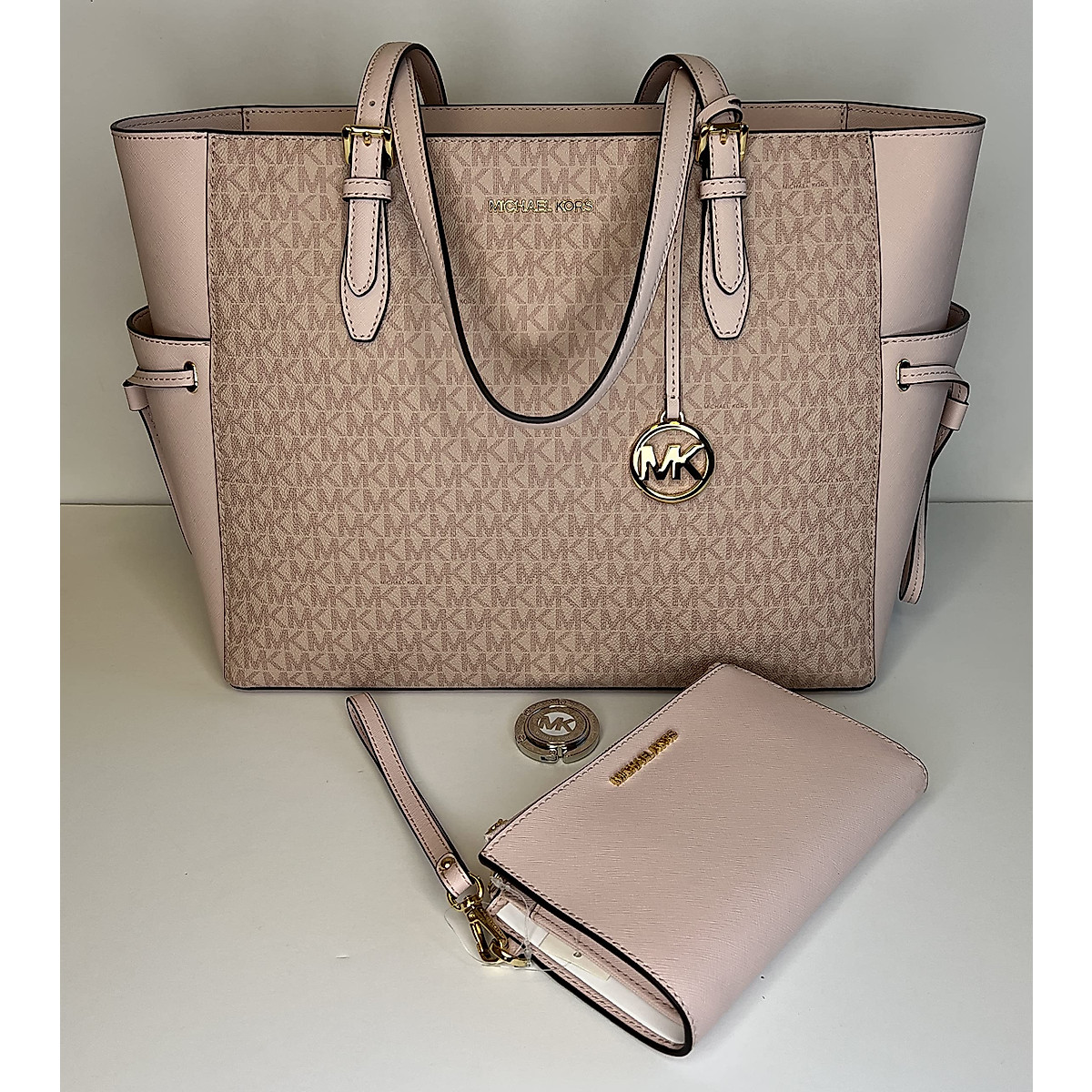 Michael Kors MICHAEL Michel Kors Gilly Large Drawstring Travel Tote bundled with Double Zip Wristlet Purse Hook (Signature MK Pink)