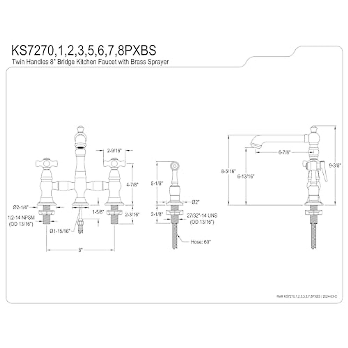 Kingston Brass KS7277PXBS English Country 8" Bridge Kitchen Faucet with Sprayer, Brushed Brass